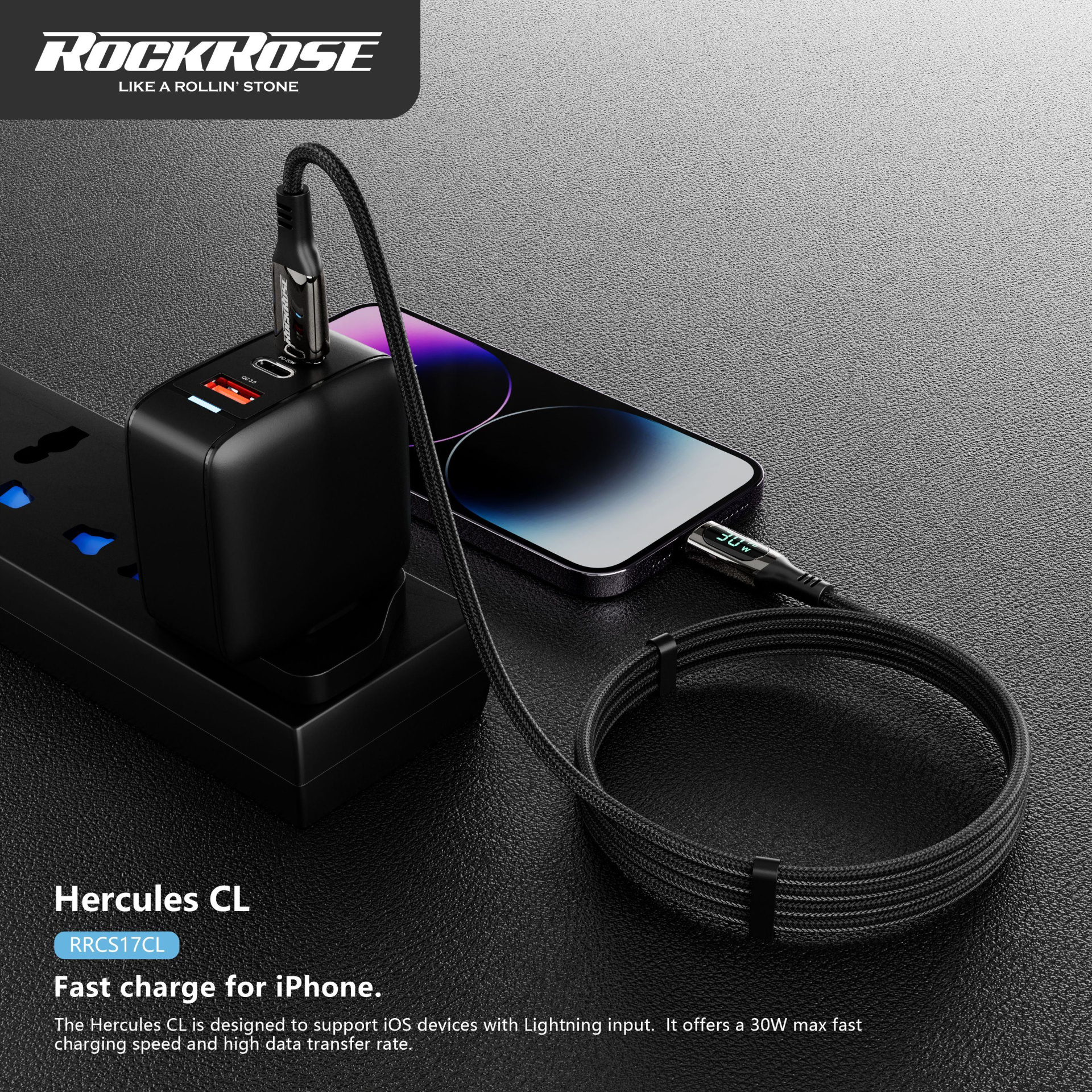 RockRose rrcs17cl Hercules 1.2m USB-C to Lightning Cable - 30W PD Fast ...