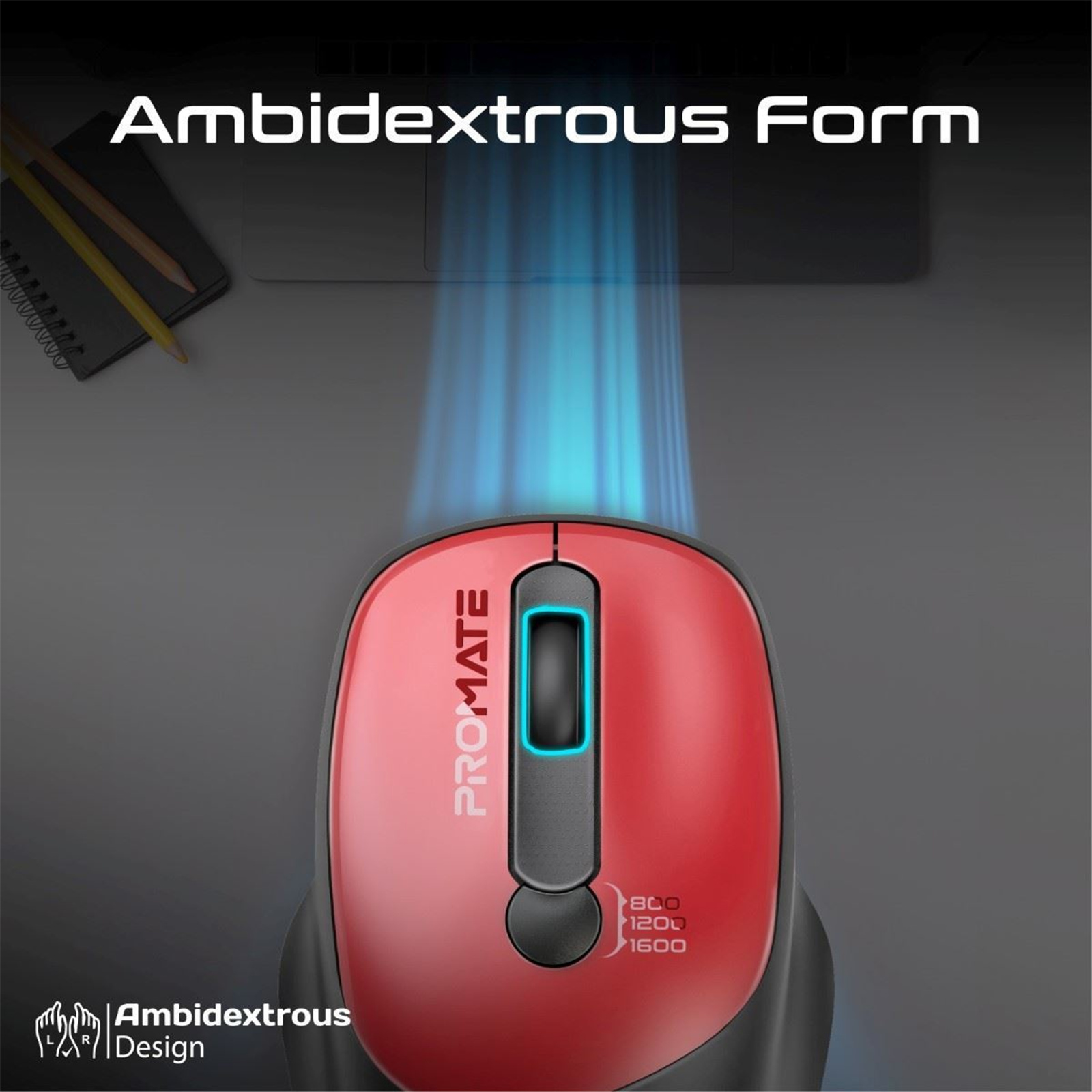 Buy the Promate EZGrip Ambidextrous Ergonomic Wireless Mouse - Red 800/ ...