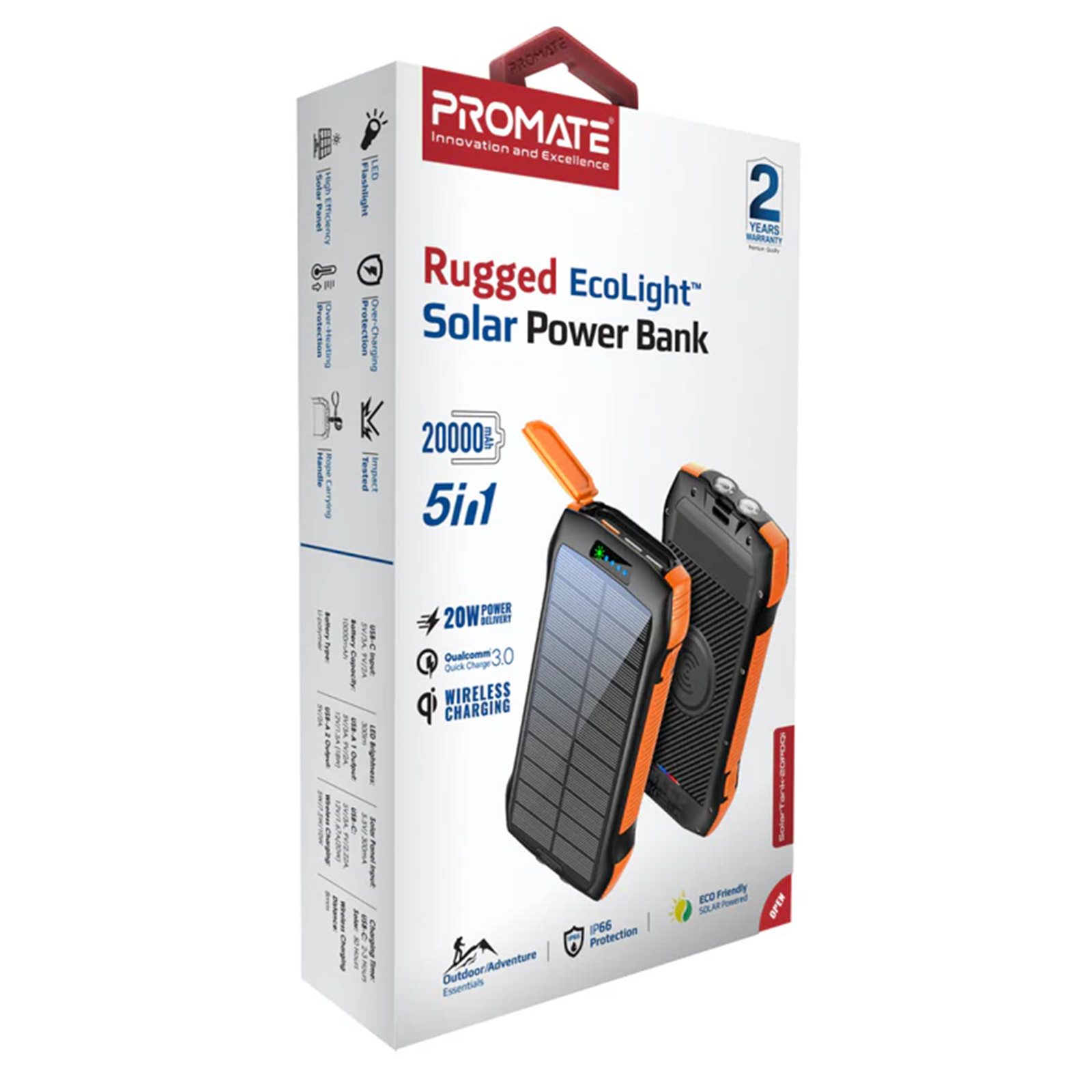 Buy the Promate SOLARTANK-20PDQI 20000mAh Rugged EcoLight Solar IP65 ...