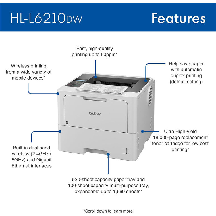 Buy the Brother HLL-6210DW Duplex Laser Wireless Printer 48ppm - PCL ...