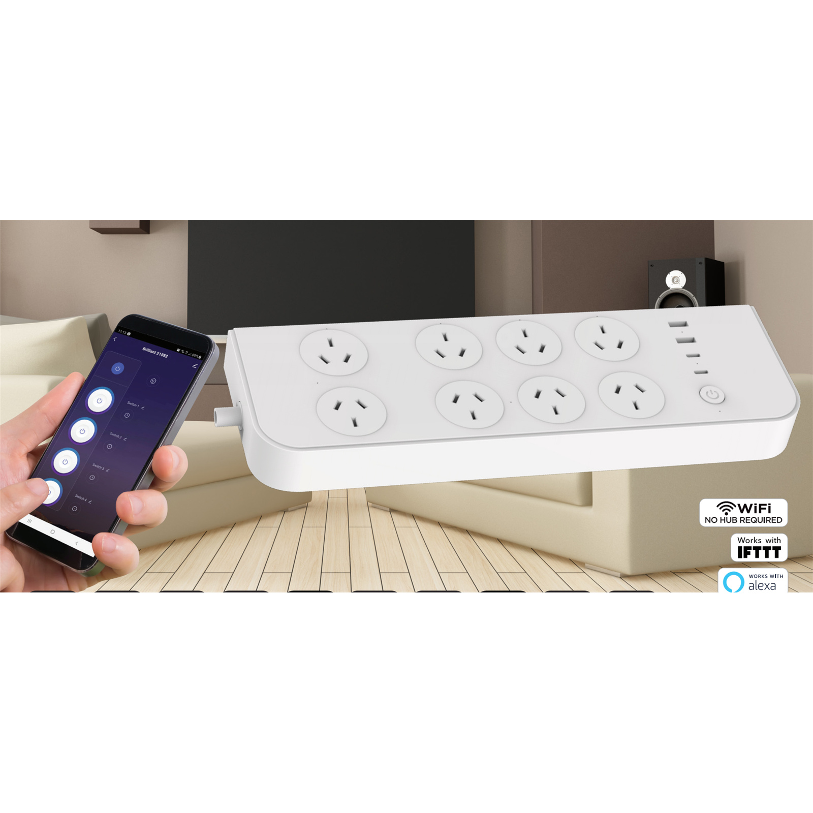 Buy the Brilliant Smart 8 Outlet WiFi Powerboard with 2x USB-A / 2x USB ...